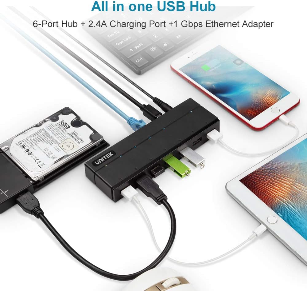 Unitek USB Ethernet Adapter 7-Port Hub, 6 Ports USB 3.0 Hub with ...