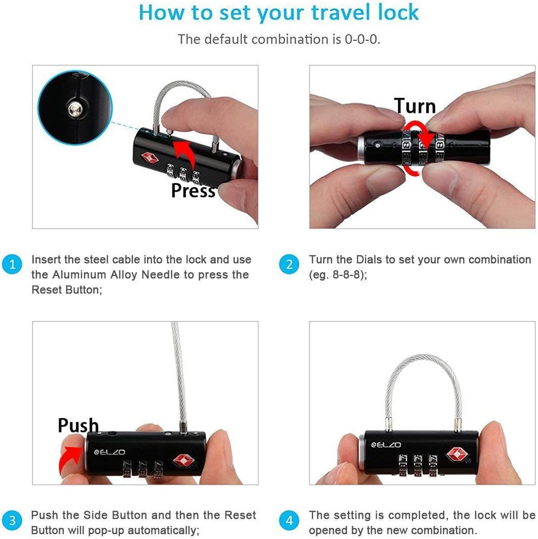 TSA Approved Luggage Lock with Steel Rope, ELZO Travel Security Cable ...