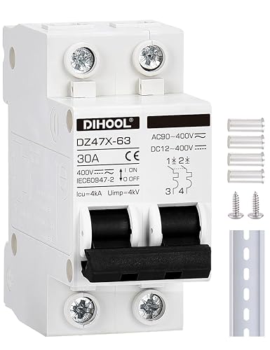 DIHOOL Solar Disconnect Switch, 30 Amp 2 Pole, DIN Rail Mount, Non Polarized, 12V 24V 48V 400V ...