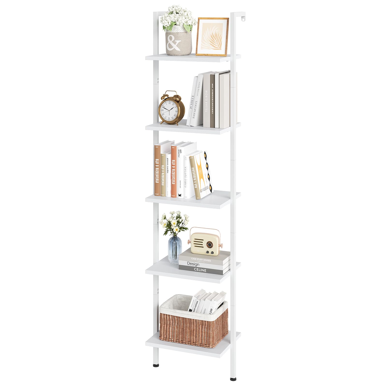 ELYKEN Ladder Shelf, White 5-Tier Wood Wall Mounted Bookshelf with ...