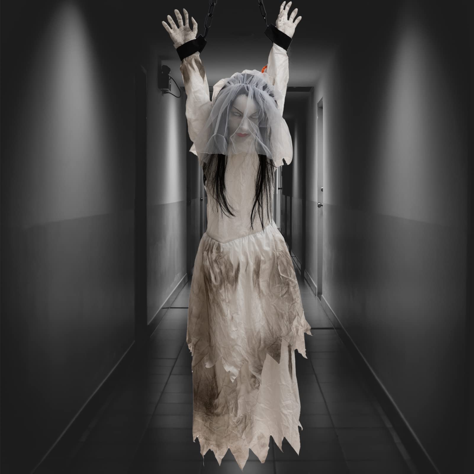 HOHO Halloween Animated Hanging Bride Ghost with Glowing Eyes, Creepy ...