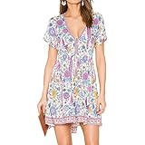 R.Vivimos Women's Summer Cotton Half Sleeve Ruffles V Neck Floral Print Tunic Dress at Amazon ...