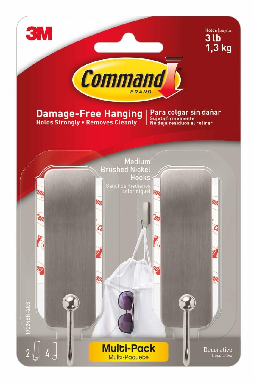 Command Medium Brushed Nickel Wall Hooks, 2 Coat Hooks and 4 Command ...