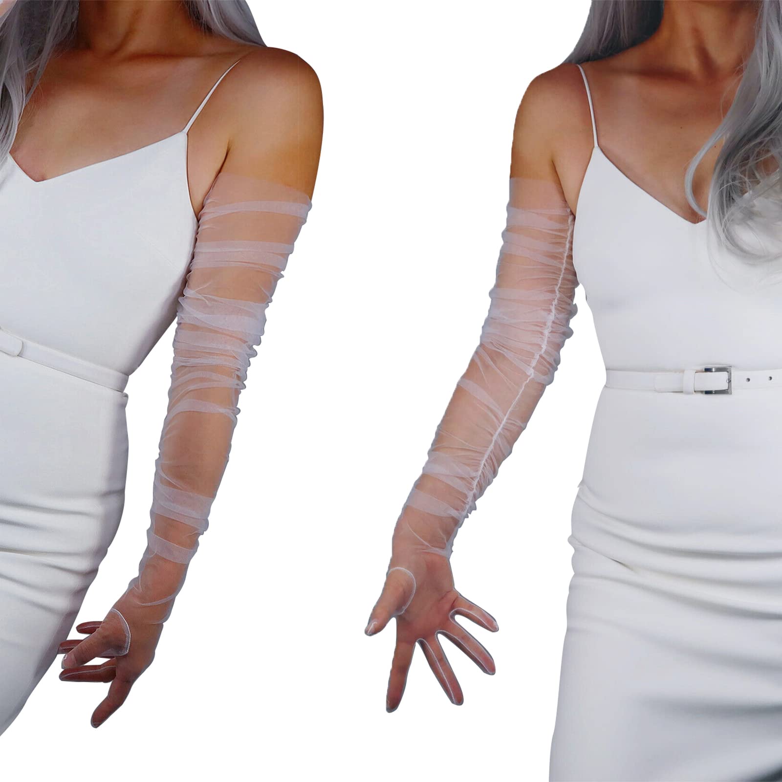 DooWay Women Extra Long Mesh Gloves Ruched Sleeve TOUCHSCREEN 35" White ...
