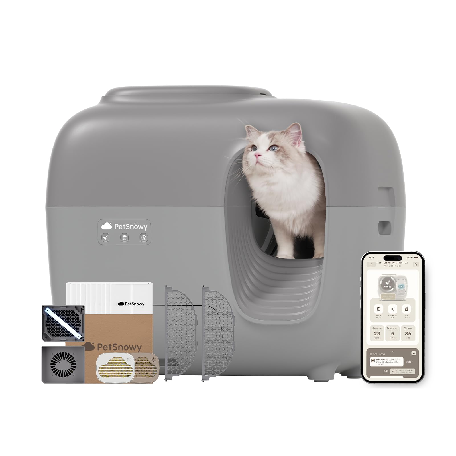 PetSnowy Self-Cleaning Automatic Cat Litter Box with Odor Control TiO2 ...