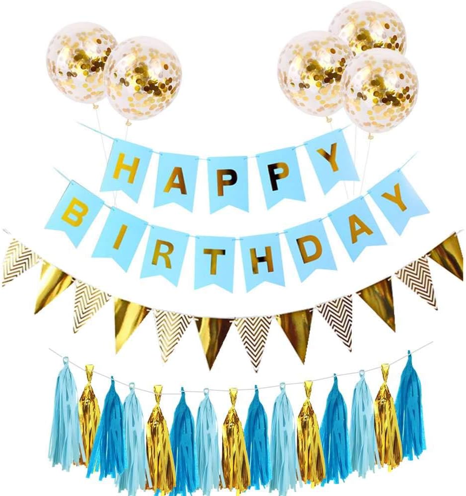 Blue-Happy-Birthday Decorations for Boys Gold Confetti-Balloon Birthday ...