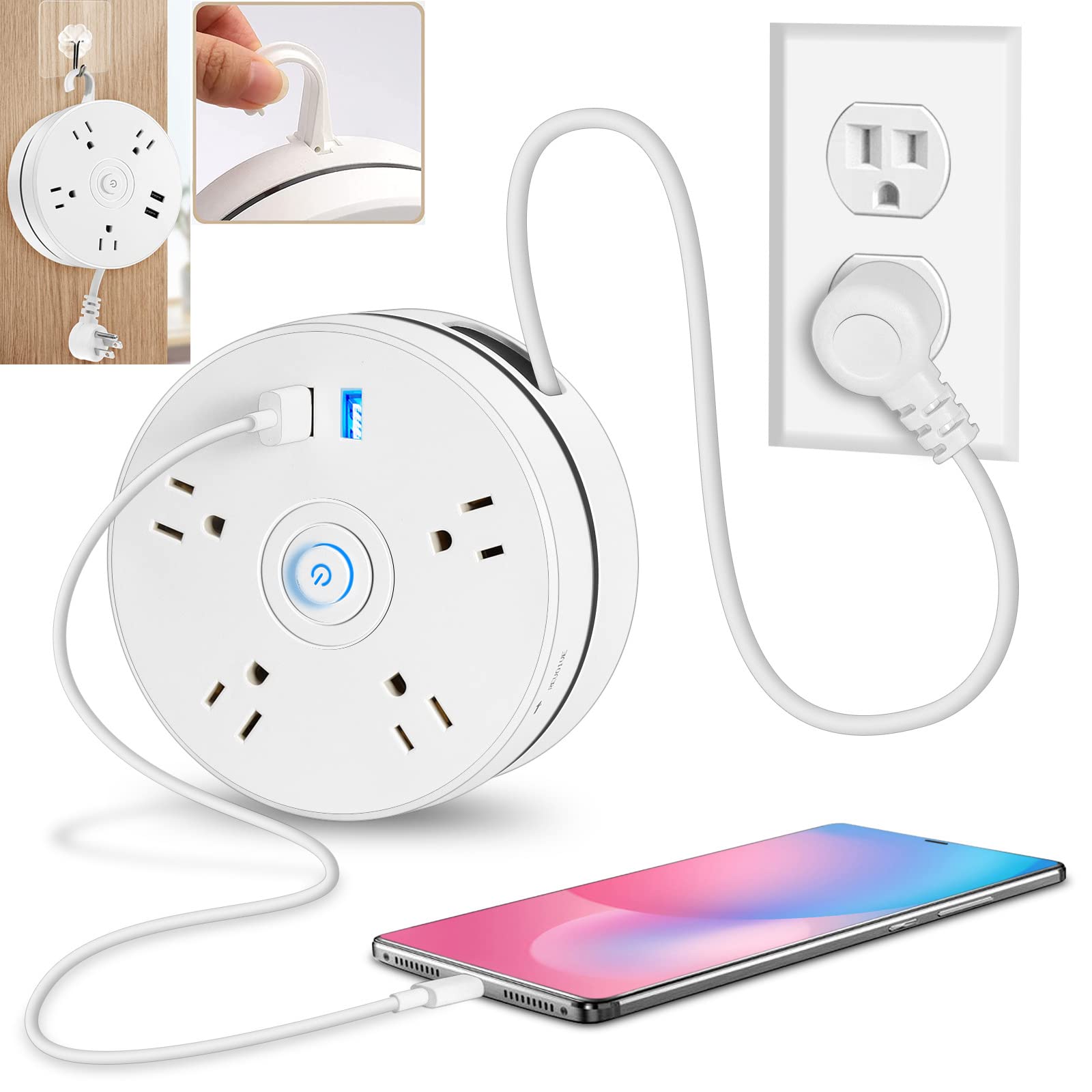 Retractable Power Strip 6ft Extension Cord Retractable Power Strip Surge Protector With 4