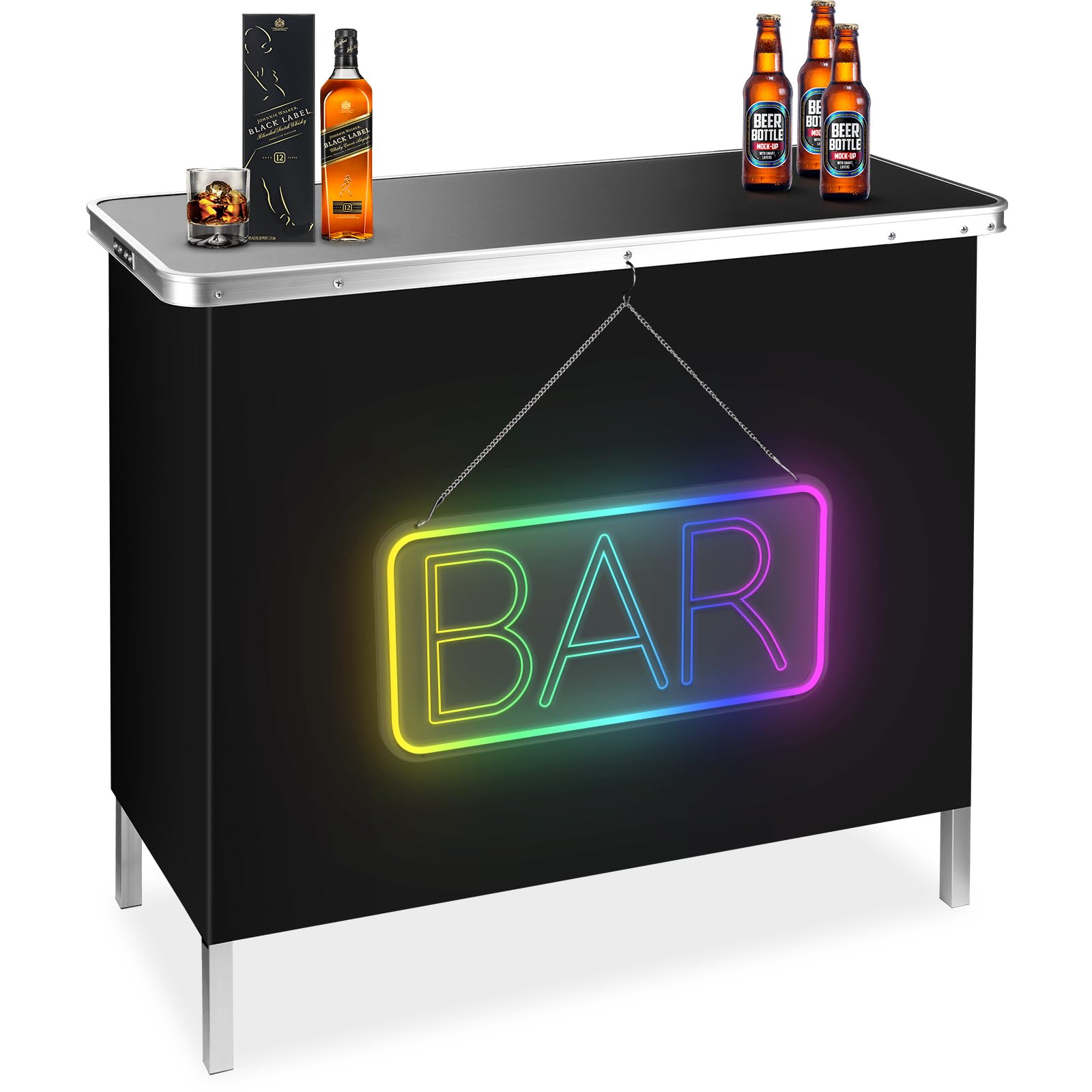 BRILLIHOOD Portable Pop-Up Bar Table with Mirrored BAR Neon Sign, Music ...