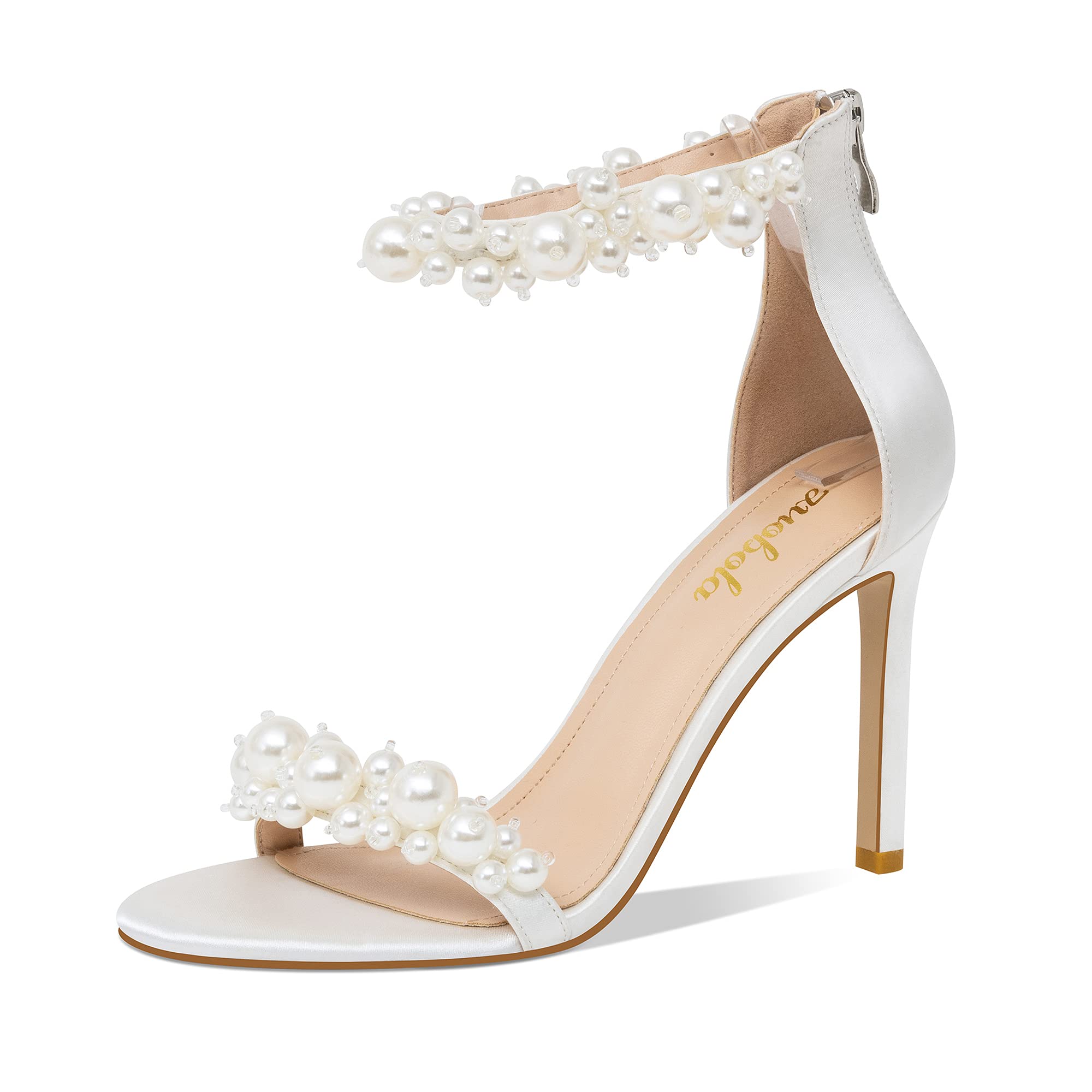 Odetina Women's White Heeled Sandals with Pearl Decoration Stiletto ...