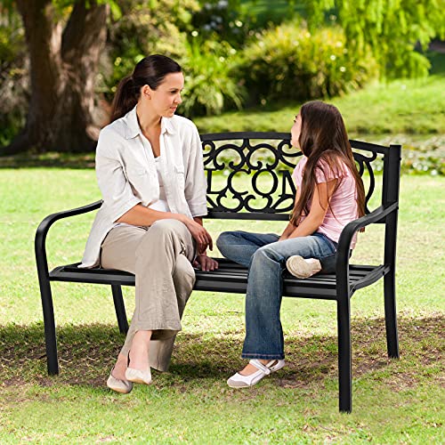 Tangkula Outdoor Steel Garden Bench Park Bench, 50 Inch Patio Welcome Bench with Slated Seat ...