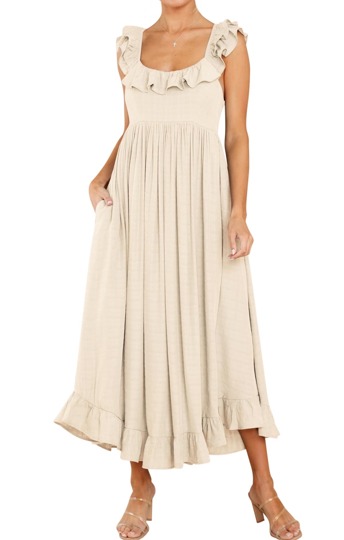 R.Vivimos Summer Dress for Women Sleeveless Boho Ruffle Square Neck Tie ...