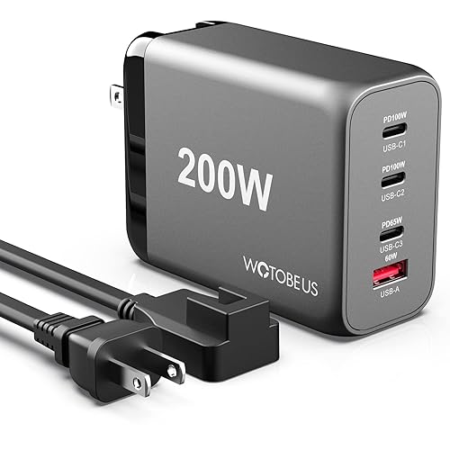 WOTOBEUS 200W USB C GaN Wall Charger & AC Cable-Multiport Power Adapter ...
