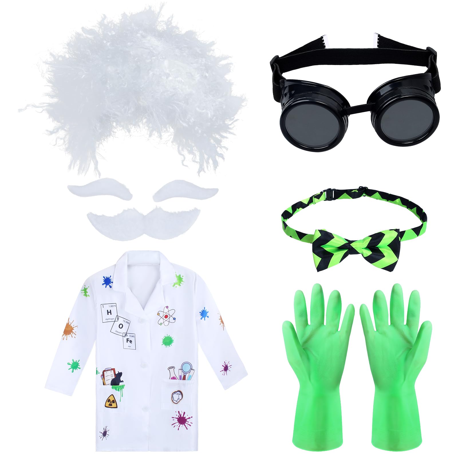 Keymall Mad Scientist Costume for Kids 6 Pieces Halloween Crazy Mad Wig ...