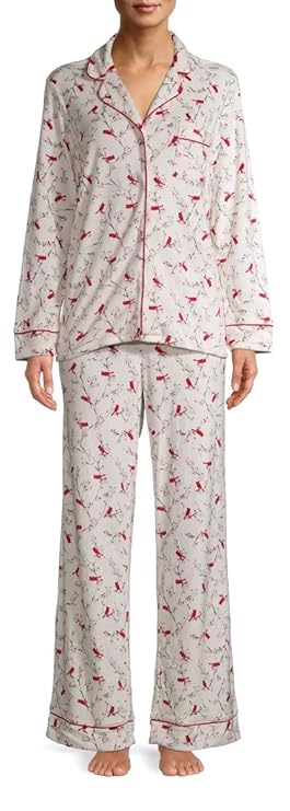 Buy Cardinal Print Winter White Long Sleeve Notch Collar Pajama Sleep ...