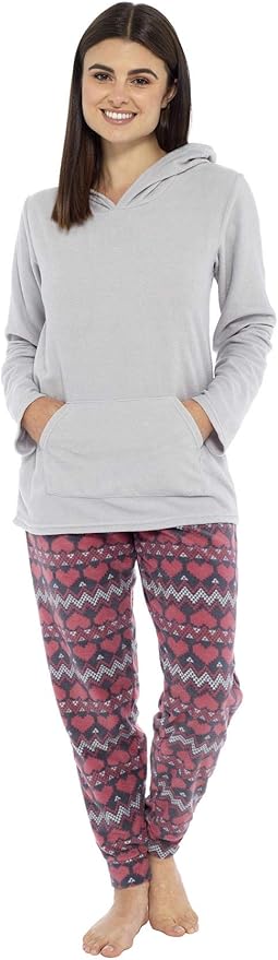 Daisy Dreamer Womens Fair Isle Hooded Pyjamas Warm Fleece Top & Pants ...