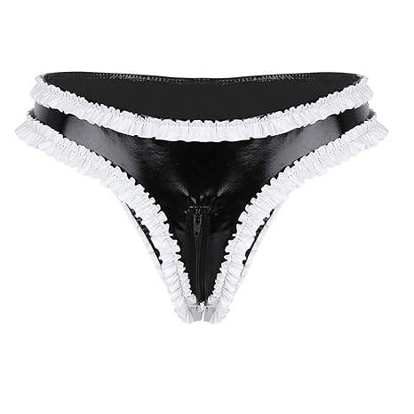 Agoky Damen Wetlook Ouvert-Slips Panties Leder Schwarz Hipster mit weißem Rüschen Micro Mini ...