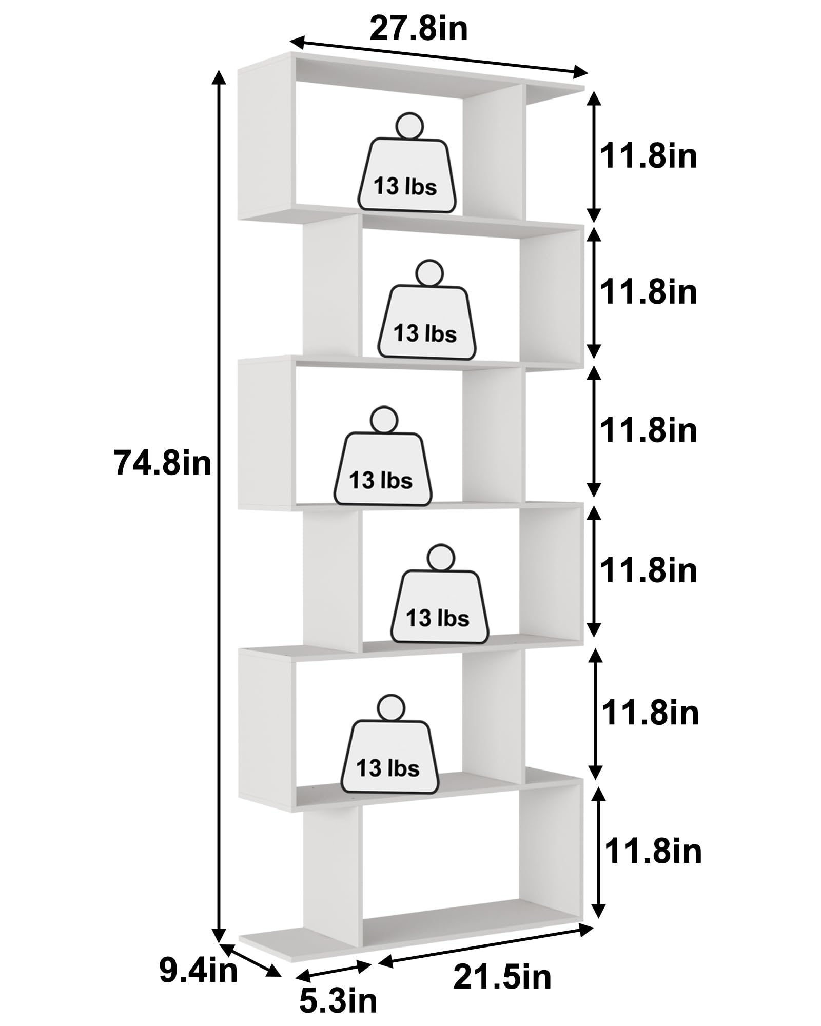 Mua Yusong S Shaped Bookshelf, Modern Geometric Bookcase, 6-Tier White ...