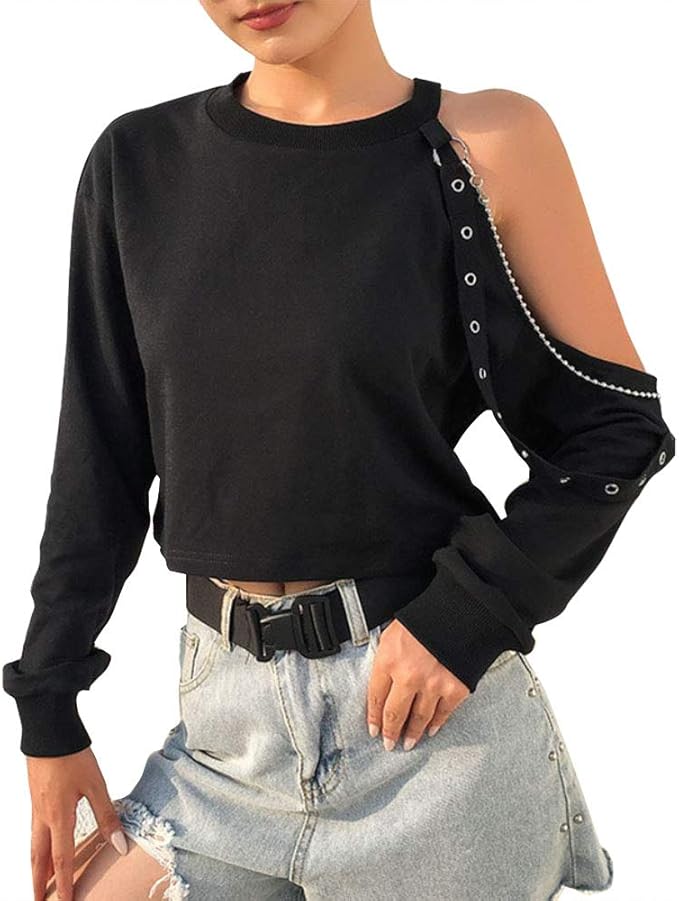 Nite closet Punk Rock Crop Tops for Women Long Sleeve Eyelets Cut Off ...