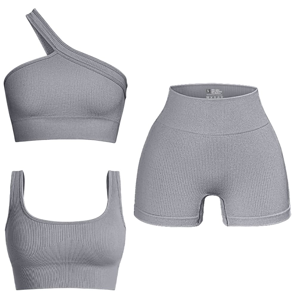 OQQ Women's 3 Piece Outfits Ribbed Seamless Exercise Scoop Neck Sports Bra One Shoulder Tops ...