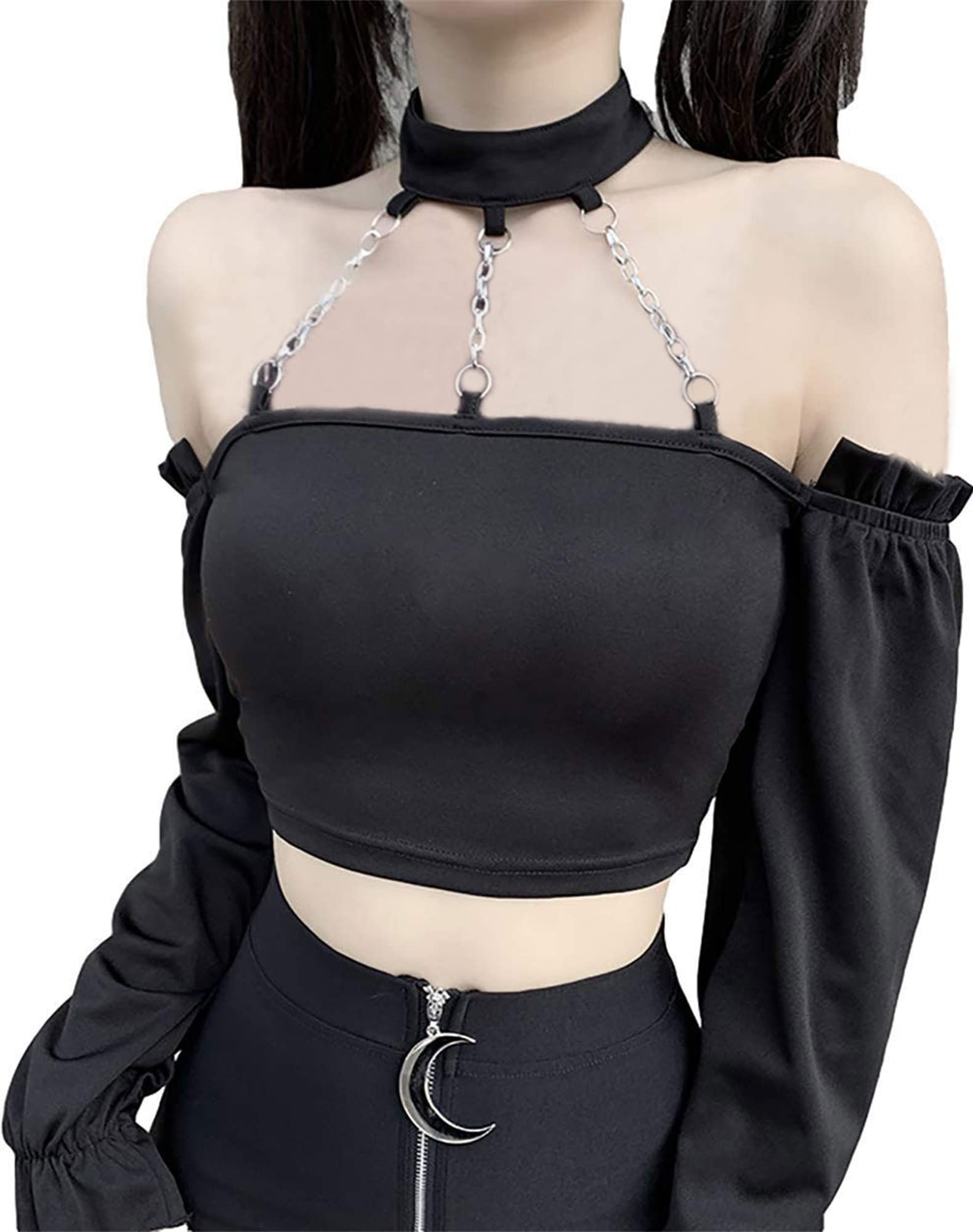 Goth Dark Punk with Chain Off Shoulder T-Shirts Gothic Sexy Backless ...
