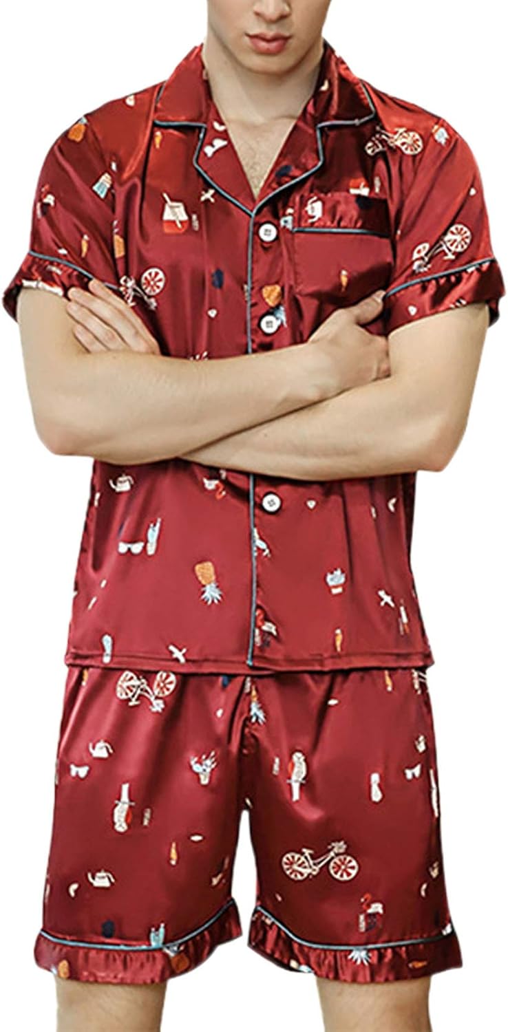 Chemise De Nuit Homme Manches Courtes Classique V-Cou Imprimé Soie ...