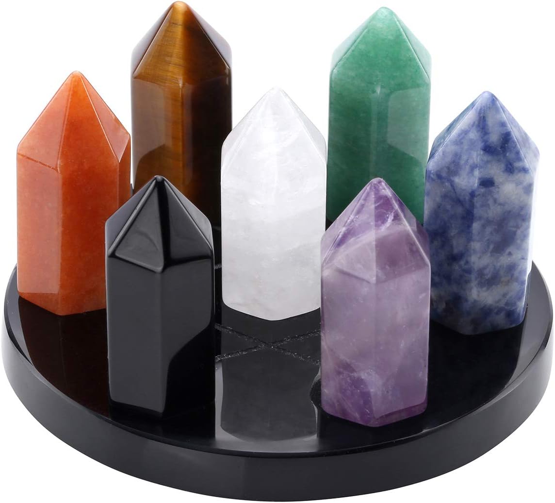 JSDDE 7 Chakra Gemstone Crystal Tumbled Single Point Obelisk Set on ...