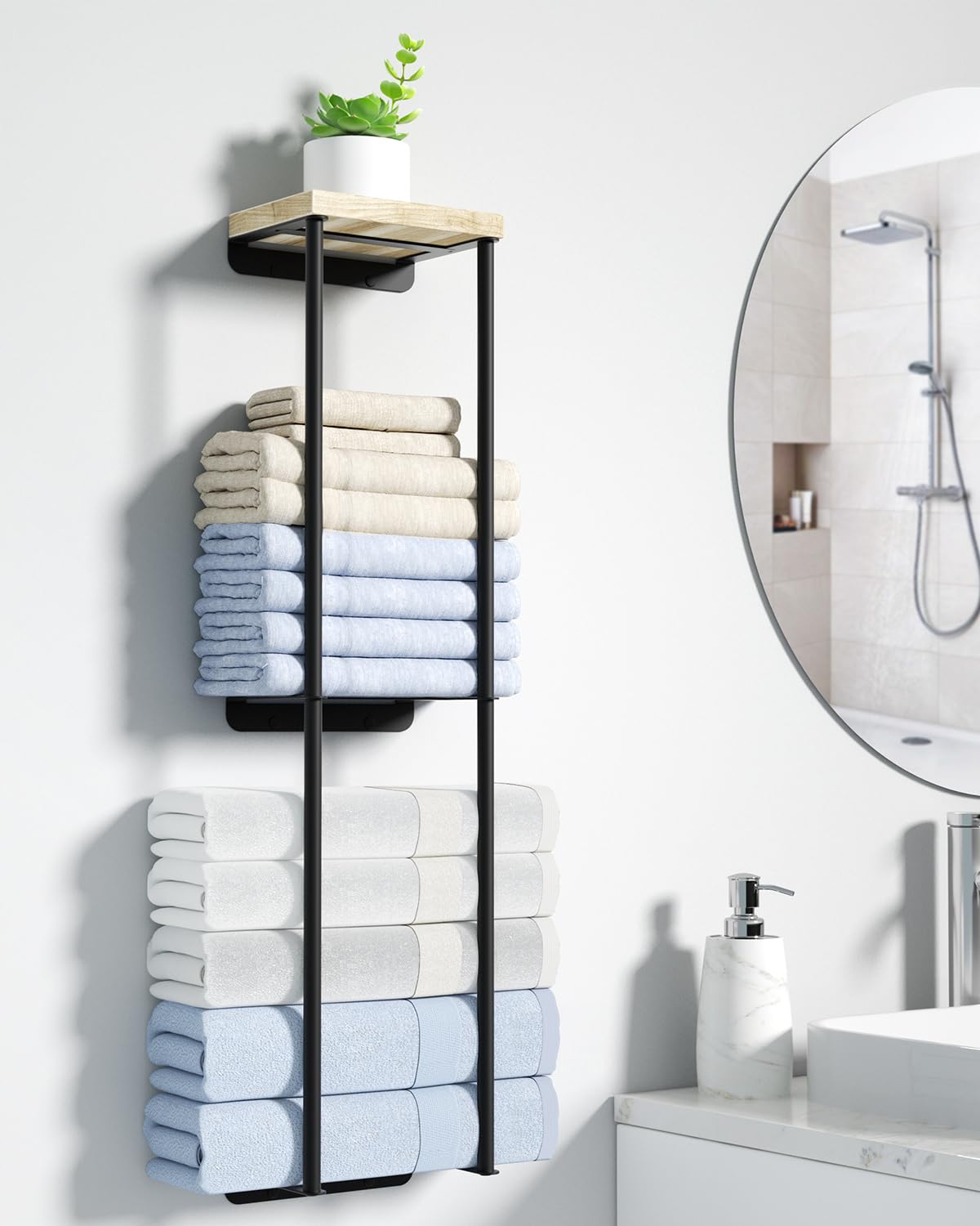 Towel Racks for Bathroom, 2 Tier Wall Towel Holder with Wood Shelf ...