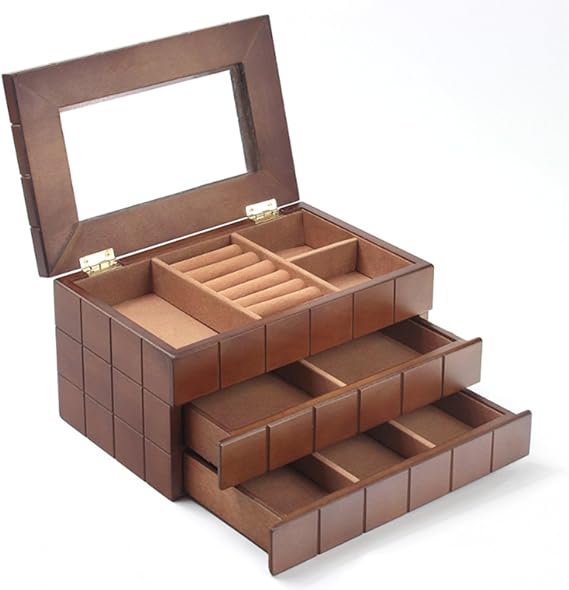 Schmuckkästchen aus Holz, mit Glasdeckel, 2 Schubladen, groß, Braun ...