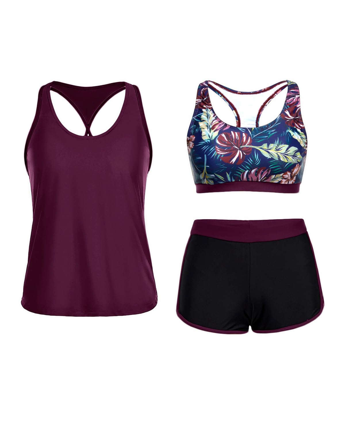 Yonique 3 Piece Athletic Tankini Swimsuits for Women with Shorts Swim ...