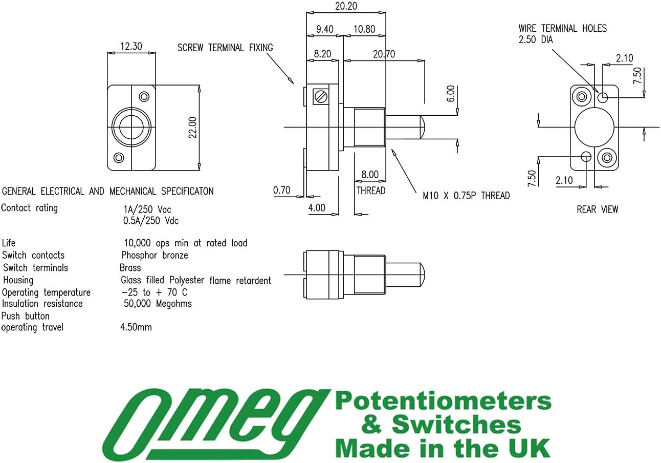 Push Button Switch, On/Off, Castelco Brand, 1 Amp 250 Vac, High Quality ...