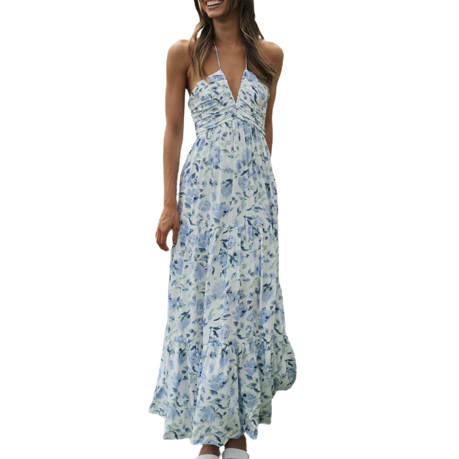 Women's Halter Neck Floral Maxi Dress 2024 Summer Boho Long Sundress ...