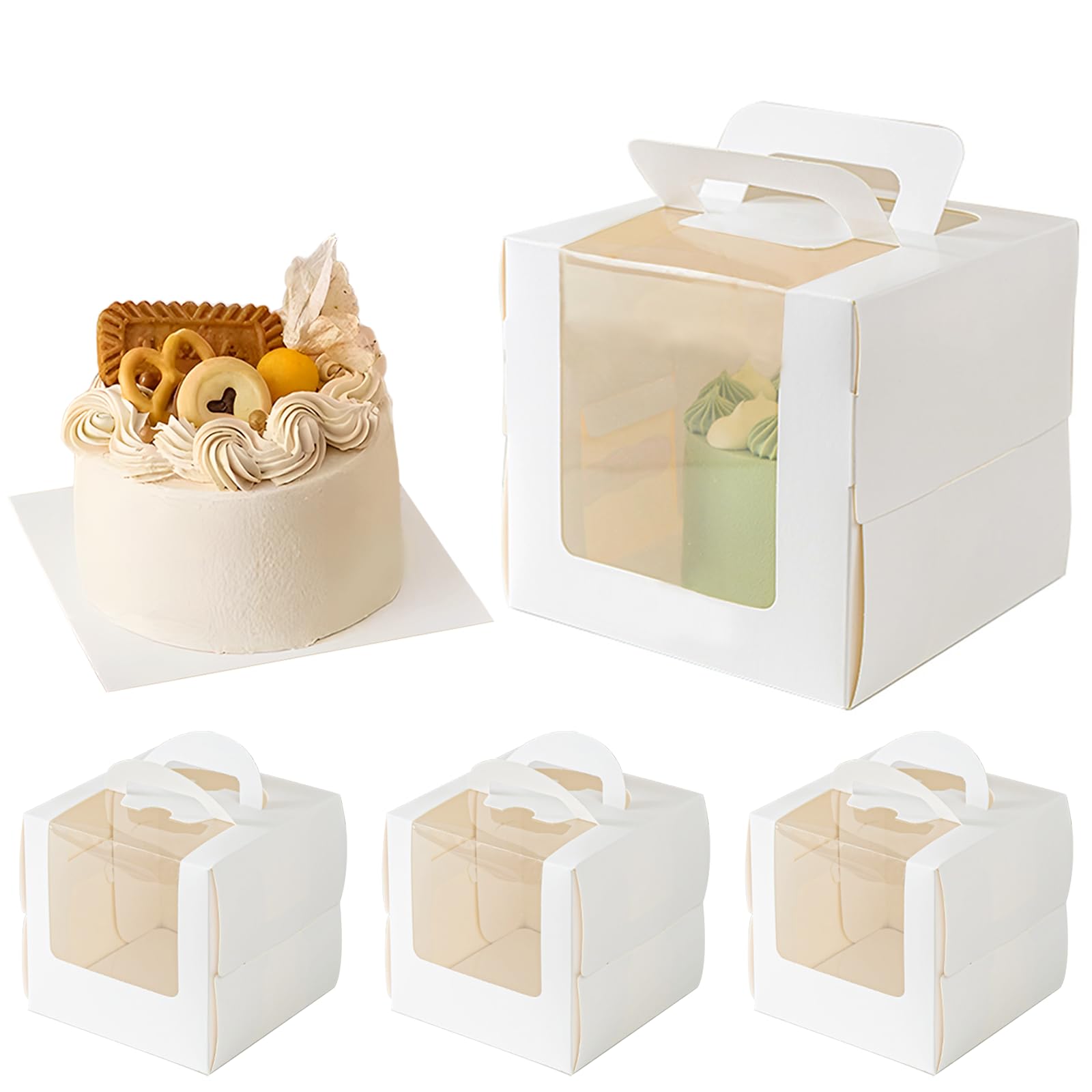 Roppolo 25 Pcs 5x5x4 Inch White Cake Boxes with Handle & Boards, Easy ...