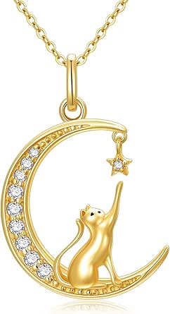 Amazon.com: 14K Real Gold Moon Cat Necklace for Women, Delicate Gold ...