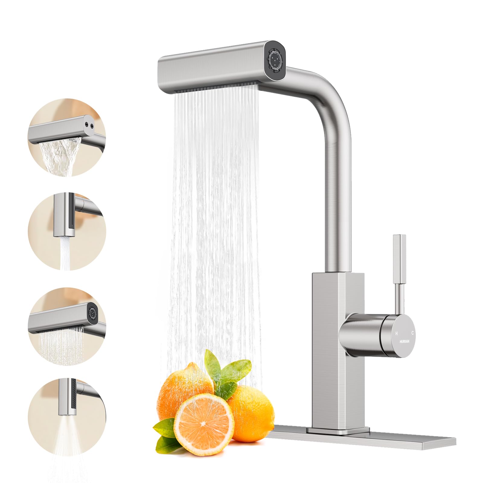 Hurran Waterfall Kitchen Faucet with Pull Down Sprayer,Stainless Steel ...