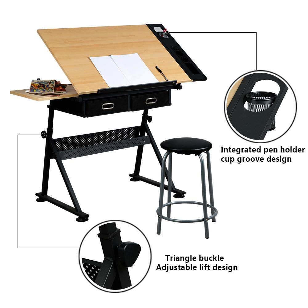 Yaheetech Drawing Table With Storage, Drafting Table, Height Adjustable ...