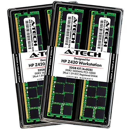 A-Tech 32GB ECC Registered Memory Kit for HP Z420 Workstation (4 x 8GB) ECC RDIMM DDR3 PC3-12800 ...