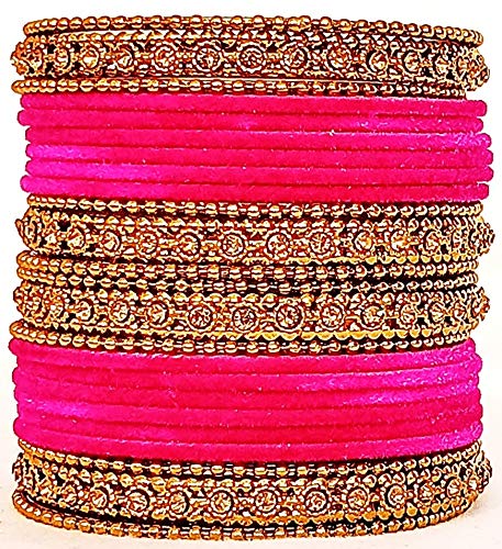 Buy Generic Oneness Dark Pink Bangles Velvet Metal Set with Golden Kada ...