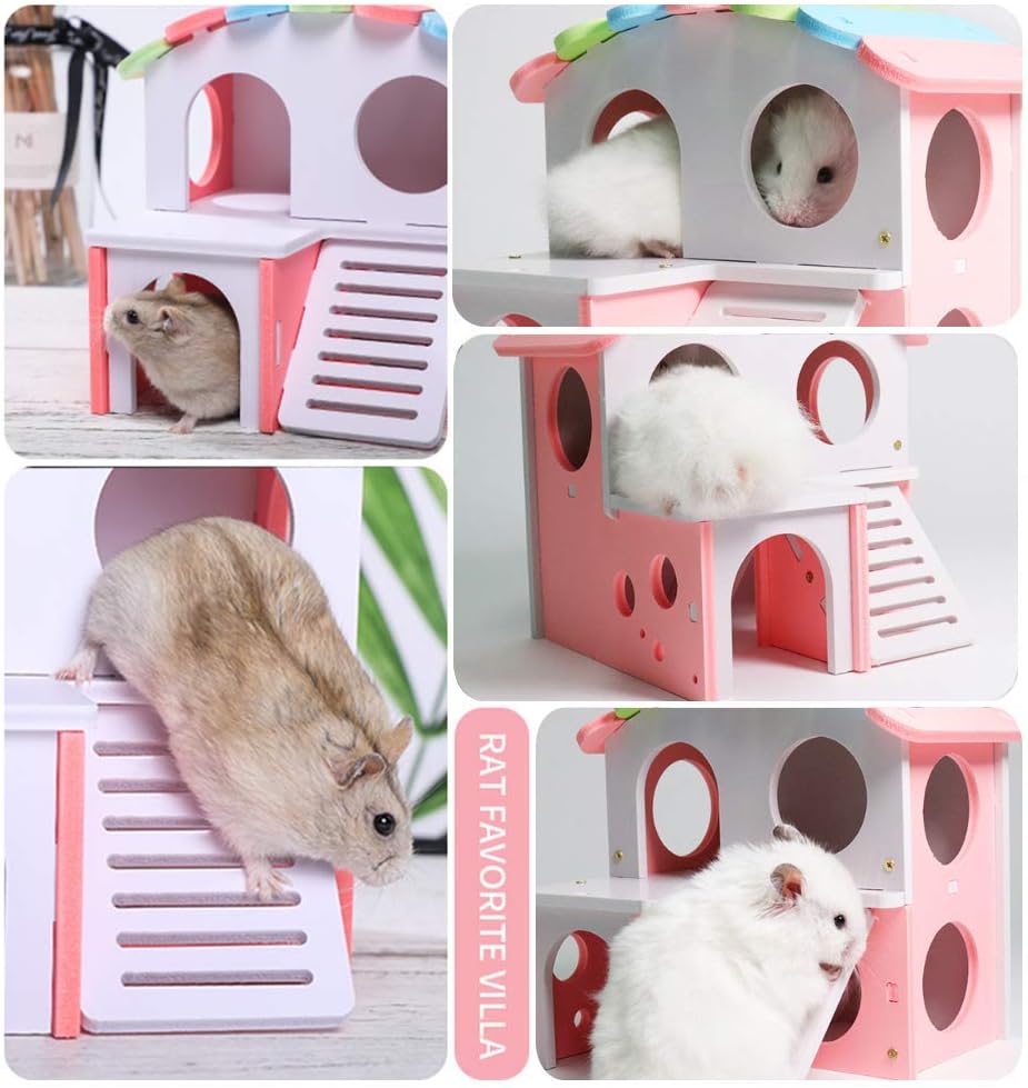 Wooden Hamster House Hut with Stair Exercise Toys Hideout Villa Fun Gym ...