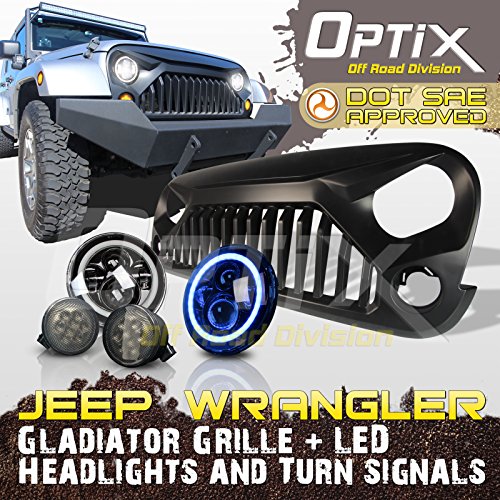 Buy Gladiator Grille + Optix LED 120W Headlight + Amber LED Turn Signal Combo - Blue DRL Angel ...