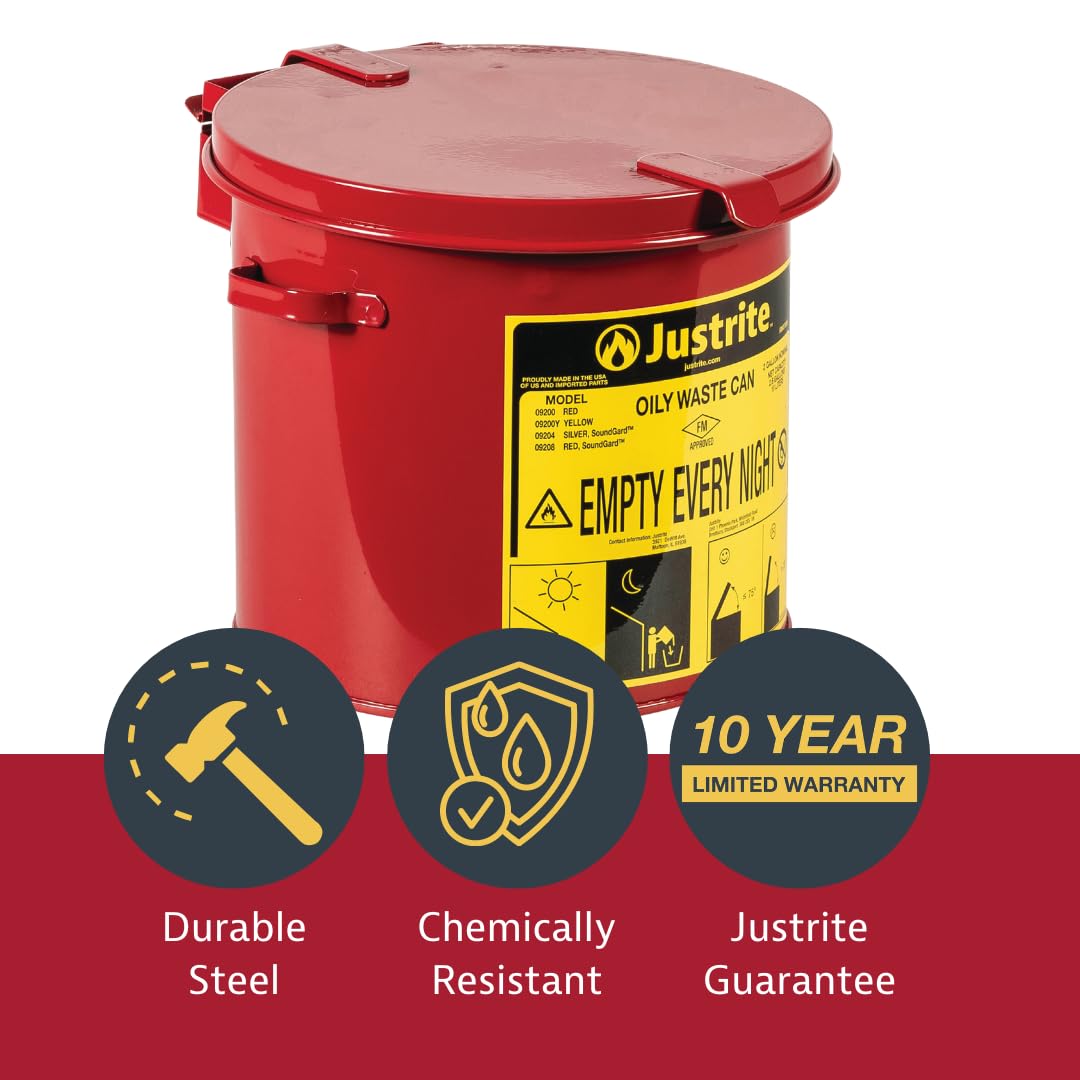 Justrite 2 Gallon Galvanized Steel Countertop Oily Waste Can, 9" X 9.6 ...