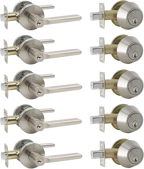 GOBEKOR 5 Sets Keyed Alike Front Door Entry Lever Lockset and Double ...