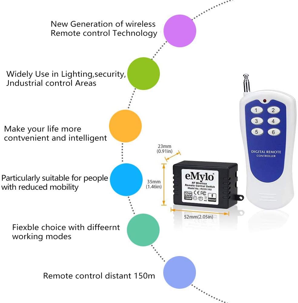 eMylo Wireless RF Remote Control Switch Long Range Remote Relay AC 220V ...