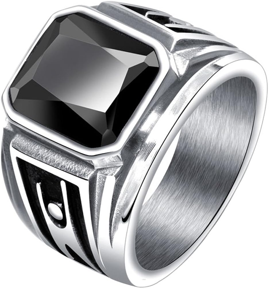 INRENG Men's Stainless Steel Vintage Square Stone Ring Signet Biker ...
