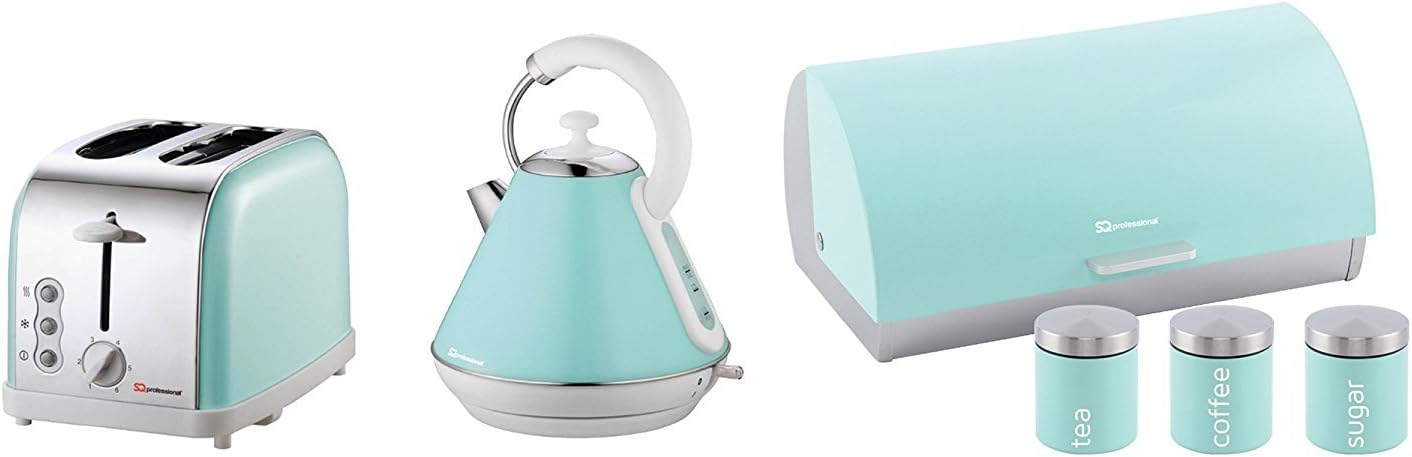 Set of Electric Kettle, Toaster, Bread bin and 3 Canisters - Mint Green ...