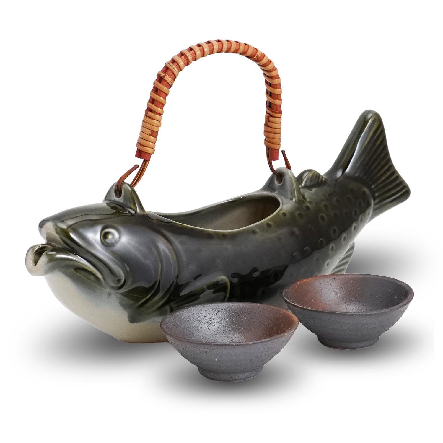 Japanese Char-Inspired Sake Set - 25.3 fl oz Mino Ware Bottle with 2 ...