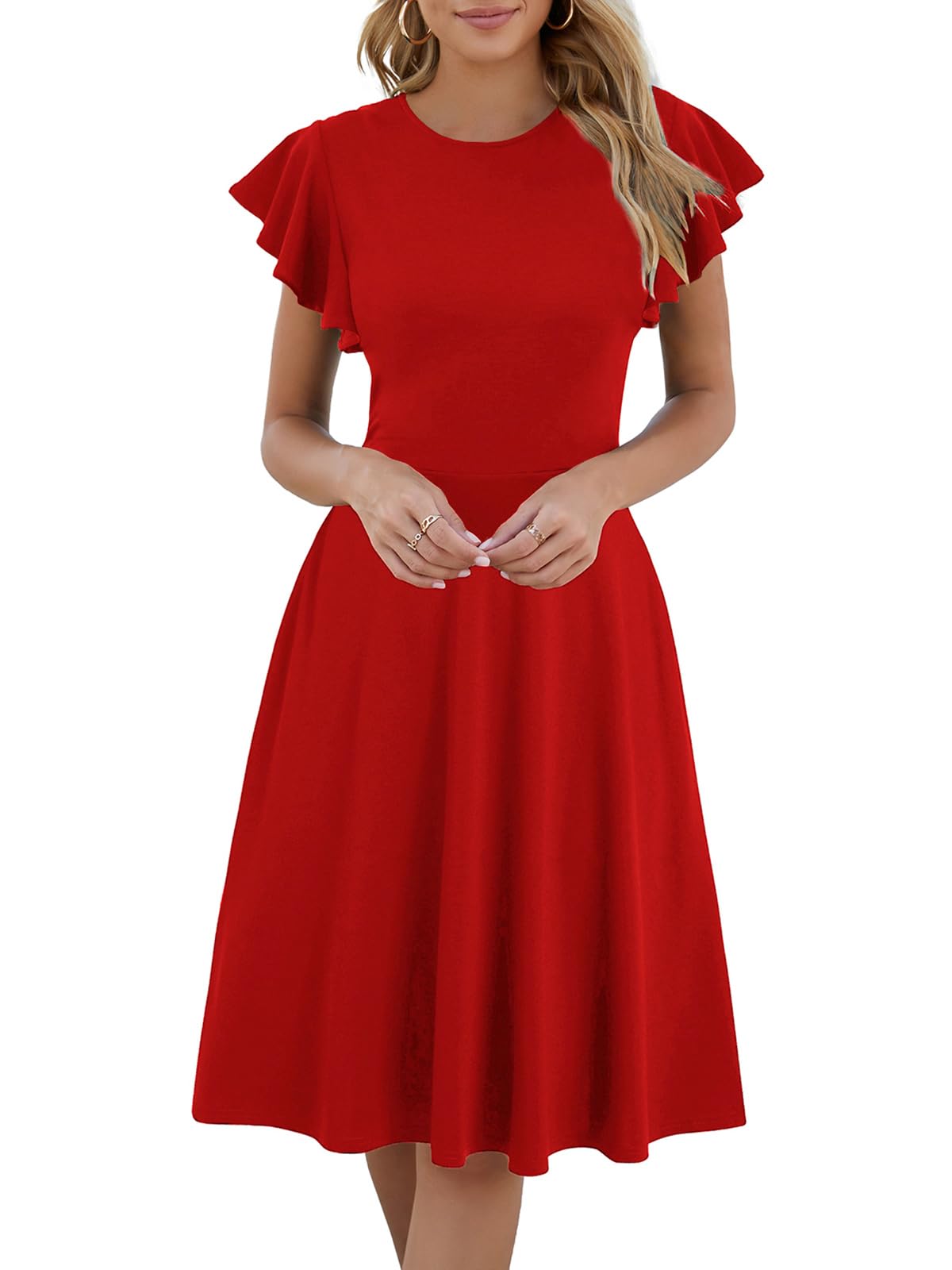 Red Dresses for Women 2025 Summer Elegant Work Ruffle Short Sleeves V ...