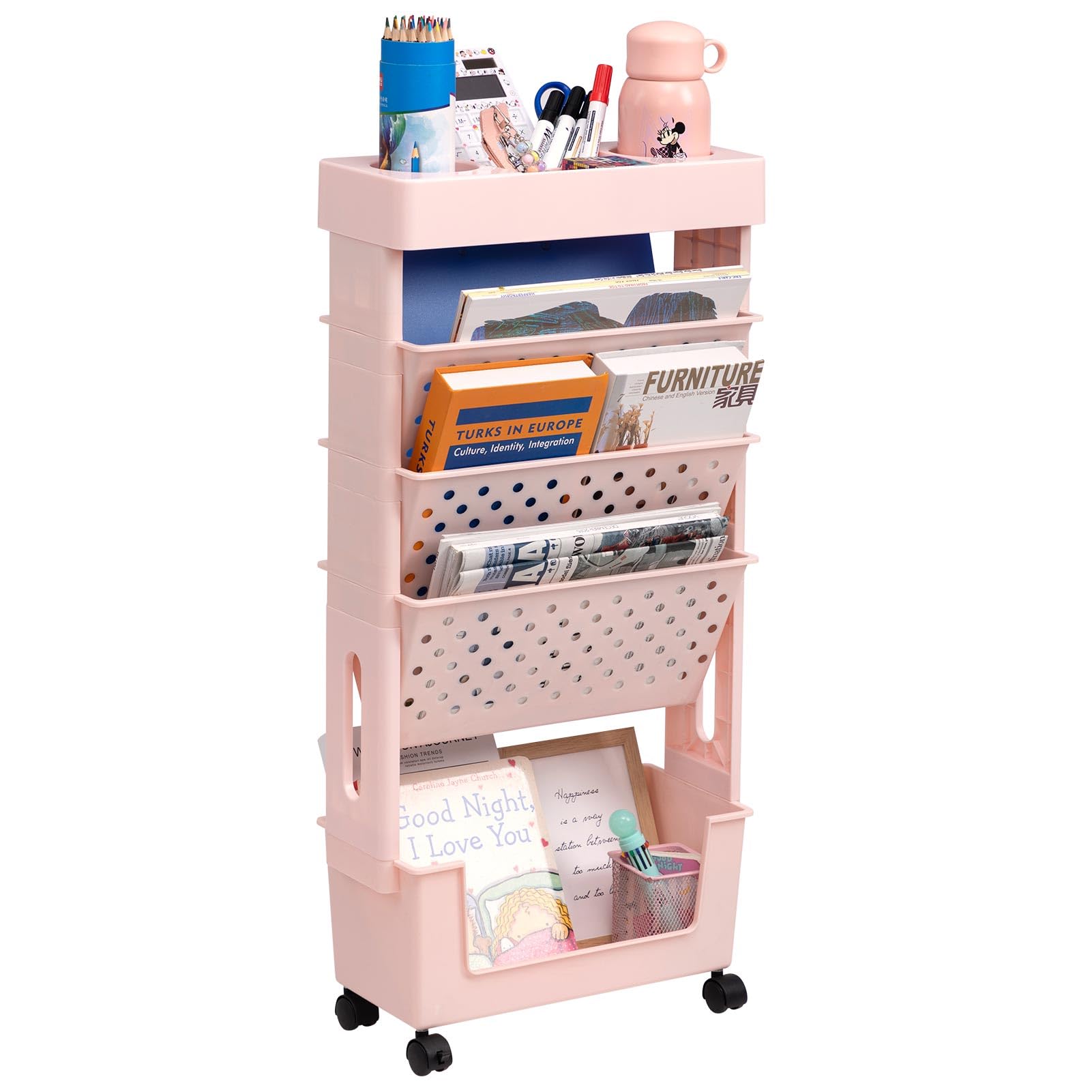 AGTEK 5 Tier Trolley Rolling Book Cart?Mobile Bookshelf, Slide Out ...