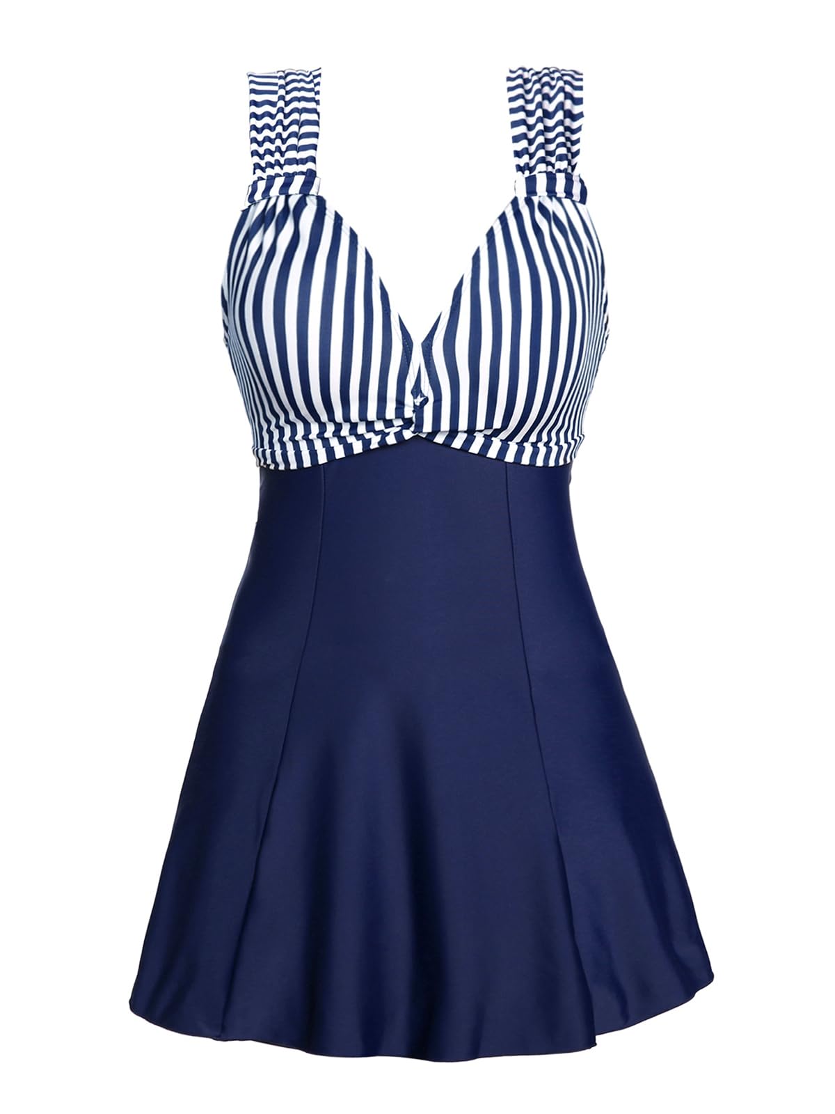 MiYang Women's One Piece High Waist Padded Swim Dress, Dark Blue Stripe ...