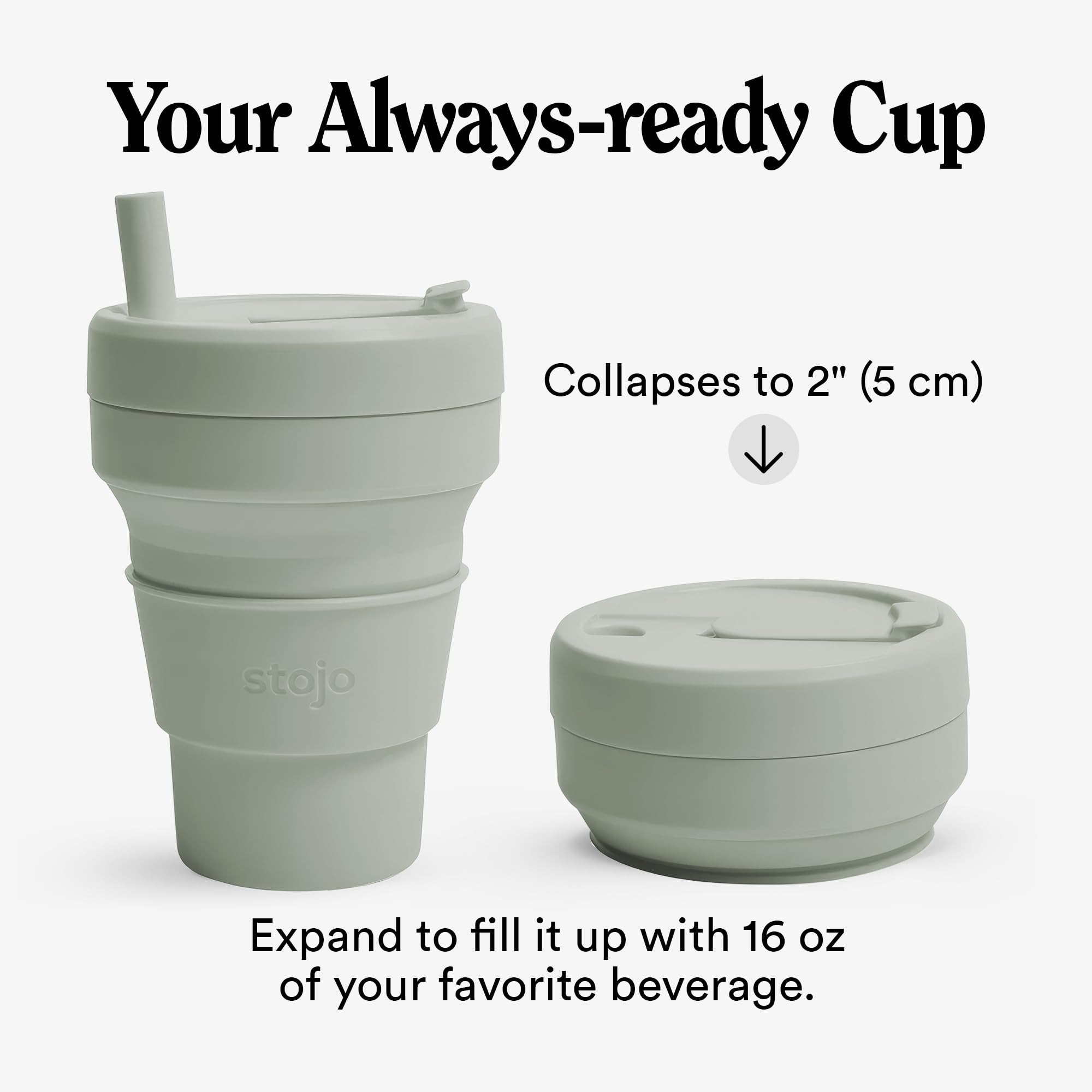 STOJO Collapsible Travel Cup With Straw - Sage Green, 16oz / 470ml ...