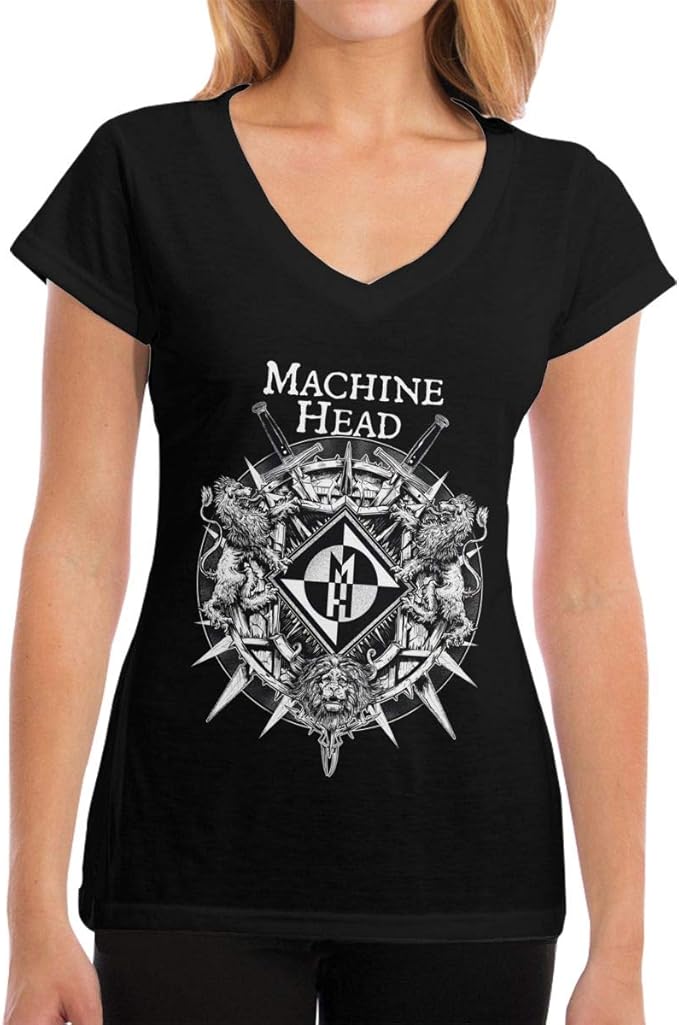 Machine Head Logo Women's V-Neck T-Shirt Pure Cotton Sleeve Shirt,Black ...